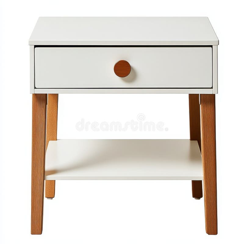 A Modern White Bedside Table with a Single Drawer and Wooden Legs Stock ...