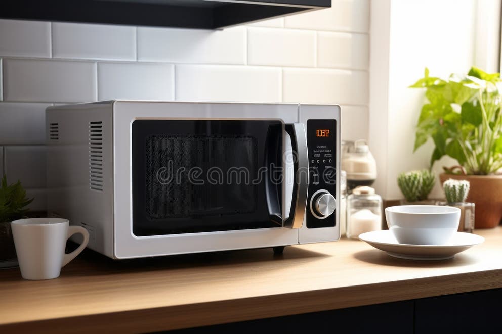 Modern White and Black Microwave in House Kitchen Stock Photo - Image ...