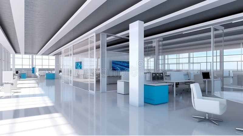 Modern White and Blue Office Interior Design for a Productive Workplace ...