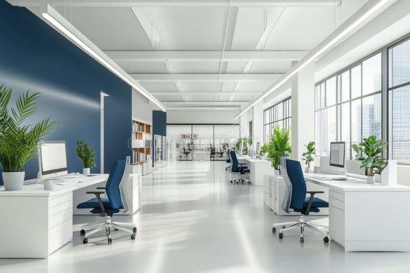 Modern White and Blue Open Space Office Interior with Sleek Stock ...