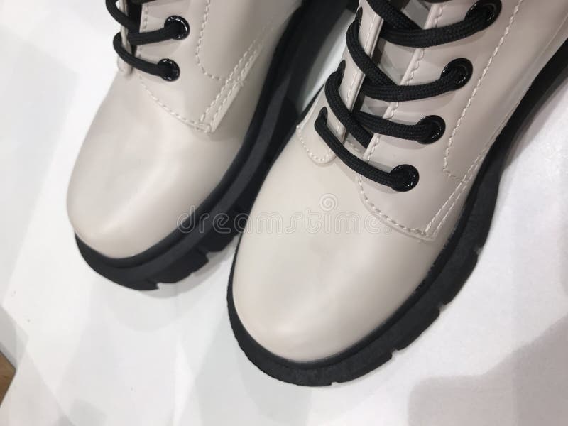 Modern White Boots with Black Laces Stock Photo - Image of close ...