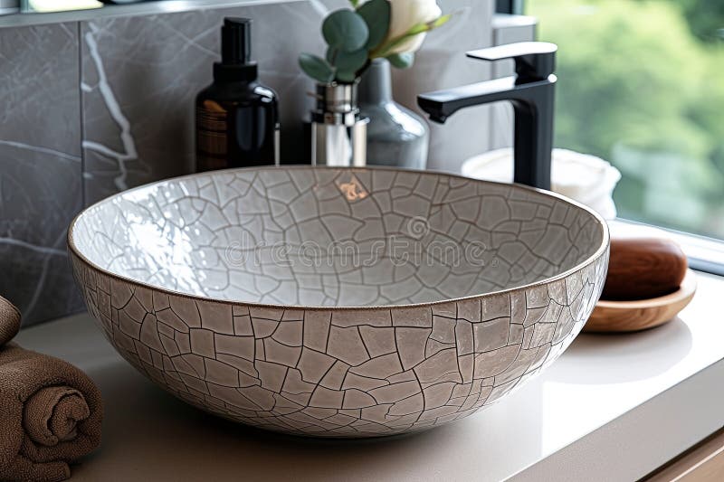 Modern White Bowl with Patterned Surface on Counter Next To Sink Stock ...