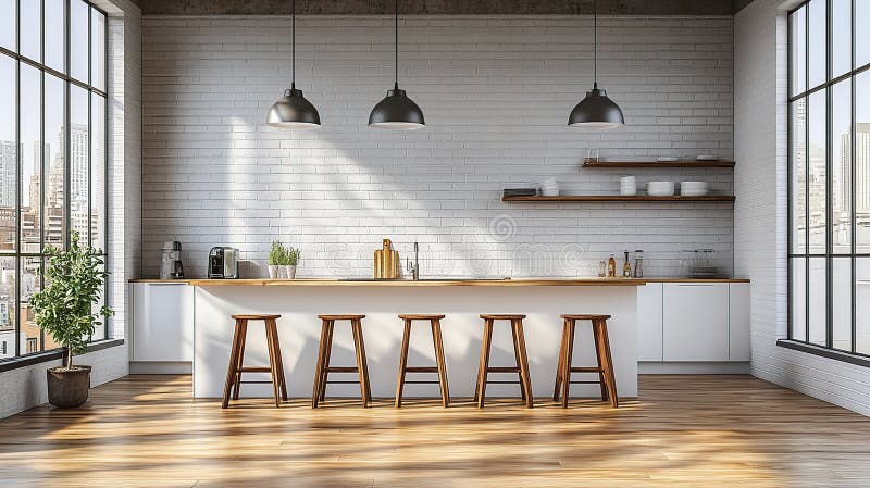 Modern White Brick Kitchen with City Views Stock Illustration ...