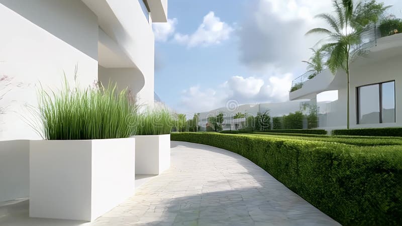 Modern White Building Complex with Lush Greenery Under Blue Sky ...