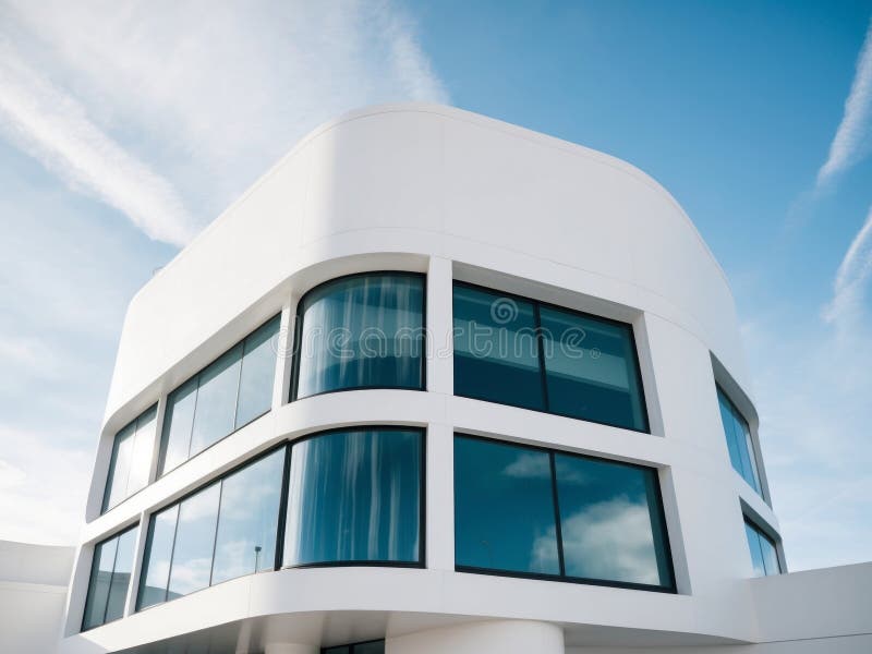 Modern White Building with Curved Design and Large Glass Windows. Stock ...