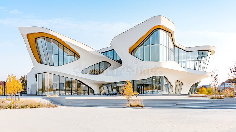 Modern White Building with a Curved Geometric Facade Stock Illustration ...