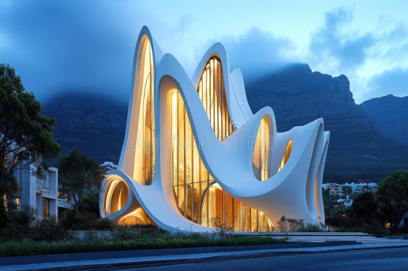 Modern White Building Dramatic Mountain View Nighttime Architecture ...