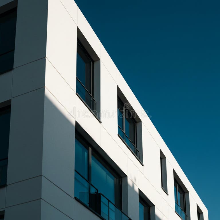Modern White Building Facade with Large Rectangular Windows and Dark ...