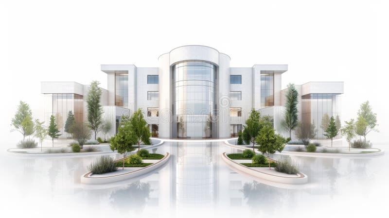 Modern White Building with a Large Driveway and Landscaping Stock ...