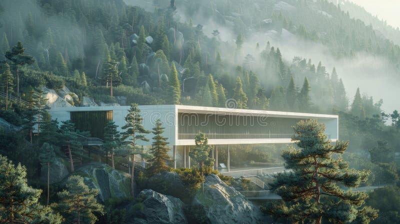 A Modern White Building Nestled Amidst a Serene Coniferous Forest ...