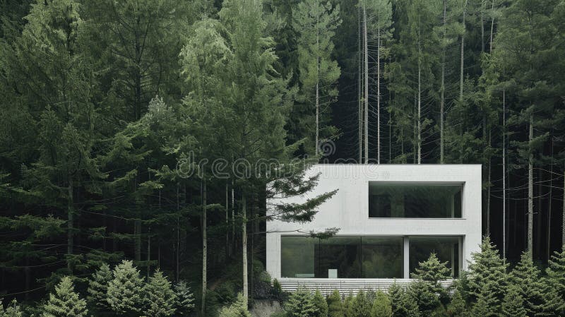 A Modern White Building Nestled Amidst a Serene Coniferous Forest ...