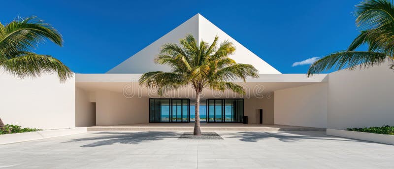 A Modern White Building with a Triangular Roof and Large Glass Windows ...
