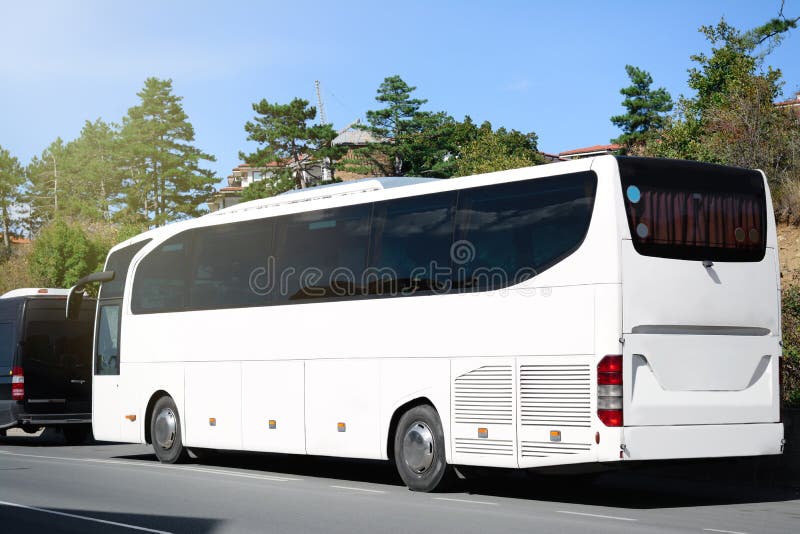 Modern White Bus on Road Outdoors. Public Transport Stock Image - Image ...