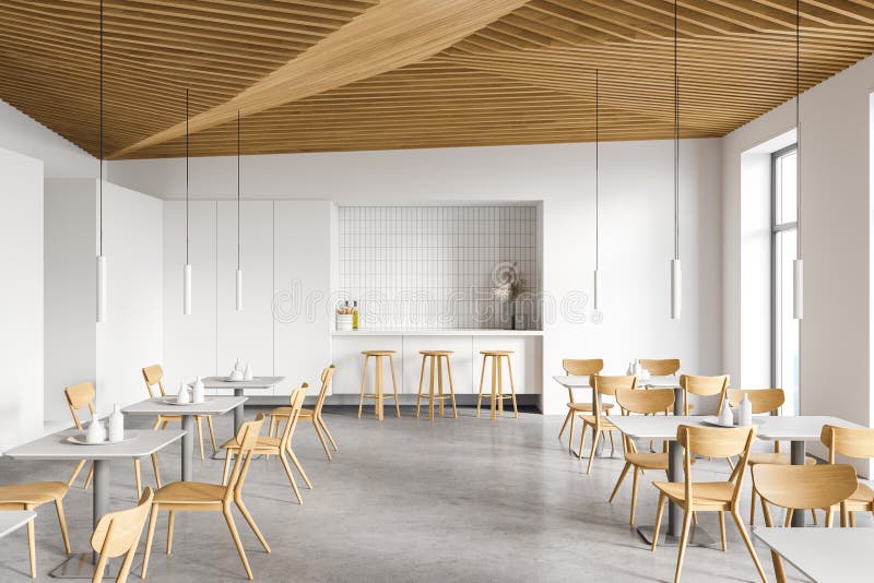 Modern White Cafe Interior with Bar Counter and Tables Stock ...