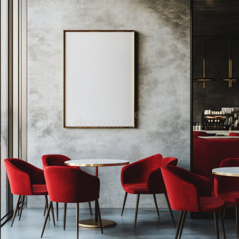 Modern White Cafe with Red Chairs and Dining Tables. Mockup Stock ...