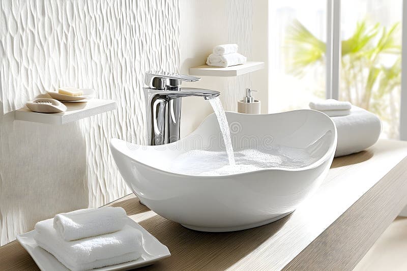 Modern White Ceramic Bathroom Sink with Chrome Faucet and Water Flow ...