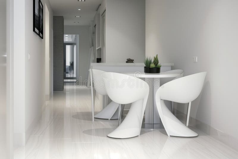 Modern White Chairs and Table in a Clean, Minimalist Hall Space Stock ...