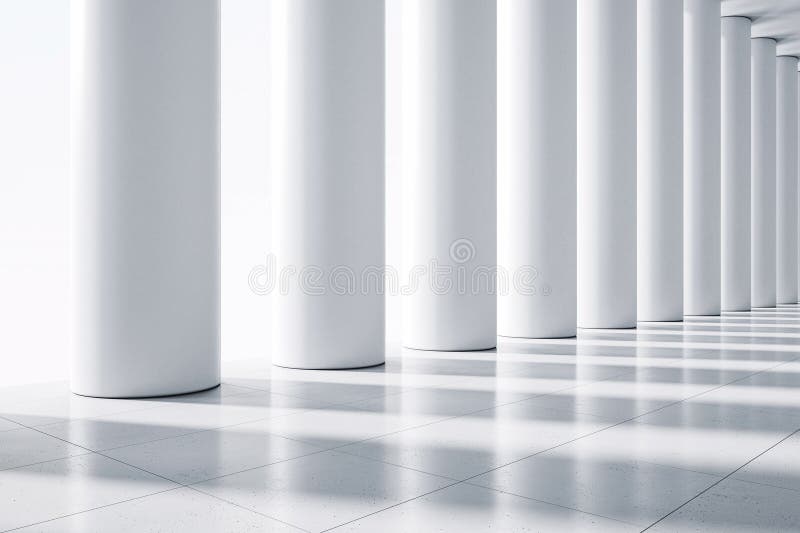 Modern White Columned Hall with Empty Floor, Light Shadows, and an ...