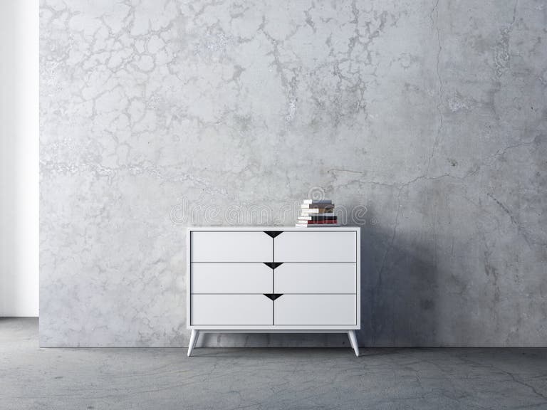 Modern White Commode Mockup in Empty Living Room with Concrete Wall ...