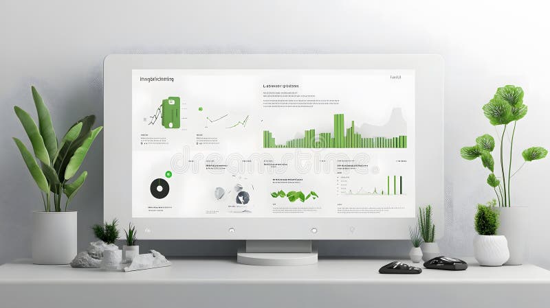 Modern White Computer Displaying Green Data Graphs with Minimalist ...