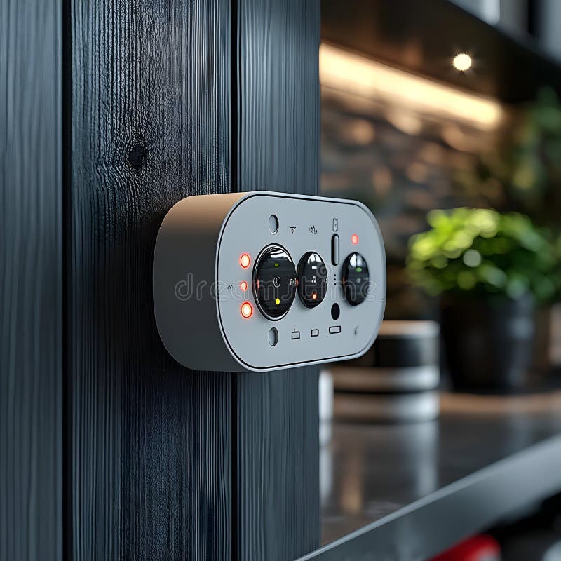 Modern White Control Panel on Black Wooden Wall 3D Illustration Stock ...