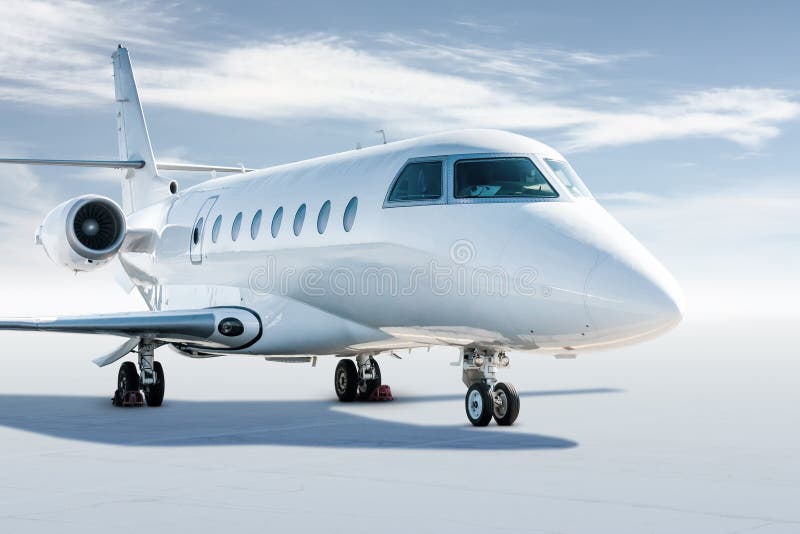 Modern White Business Jet Isolated on Light Background with Sky Stock ...