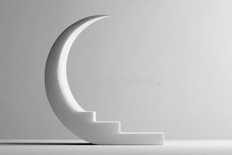 Modern White Crescent Moon Sculpture with Stairs Against a Plain ...