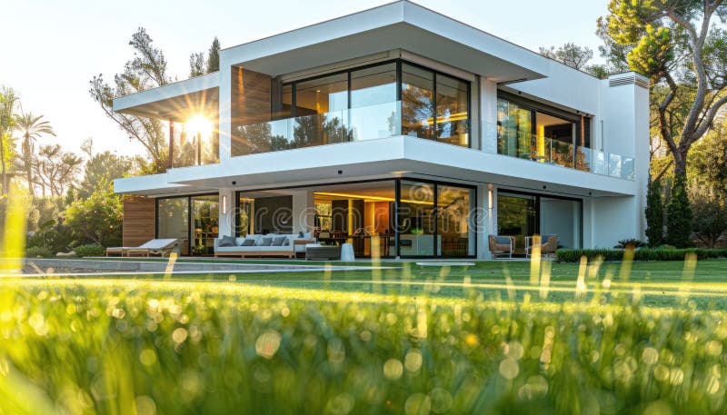 Modern White Cube House with Large Windows Shining in Morning Sunlight ...