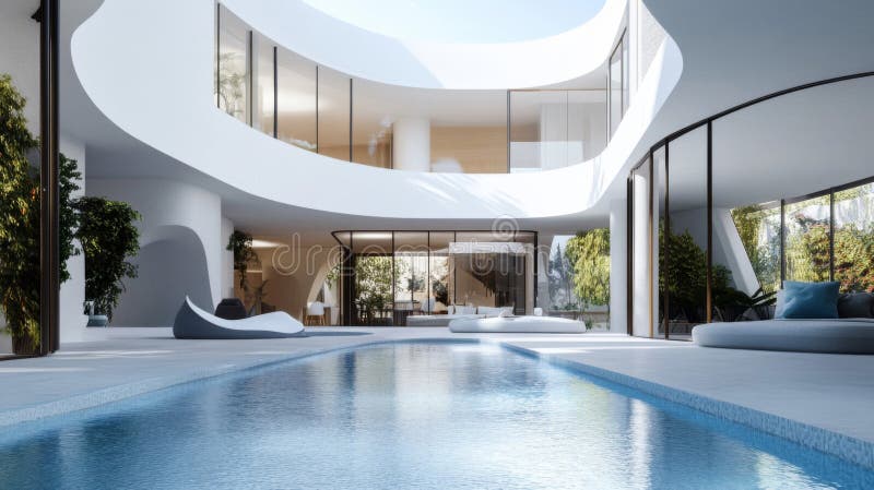Modern White Curved Architecture with Pool and Courtyard Stock ...