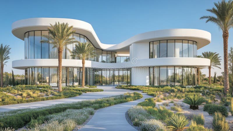 Modern White Curved Villa with Glass Windows and Desert Landscaping ...