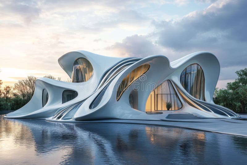 Modern White Curvy Architecture Building with Reflecting Pool Stock ...
