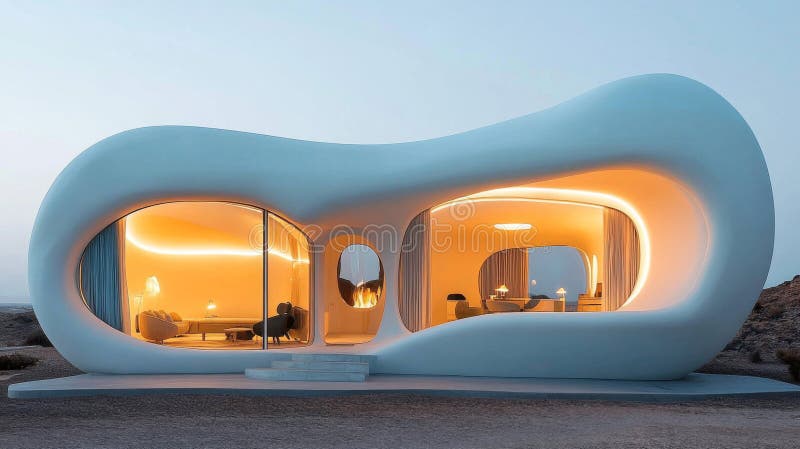 Modern White Curvy House Exterior at Dusk Stock Illustration ...