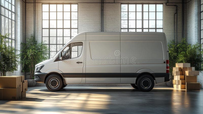 Modern White Delivery Van in Industrial Warehouse. Generative AI Stock ...