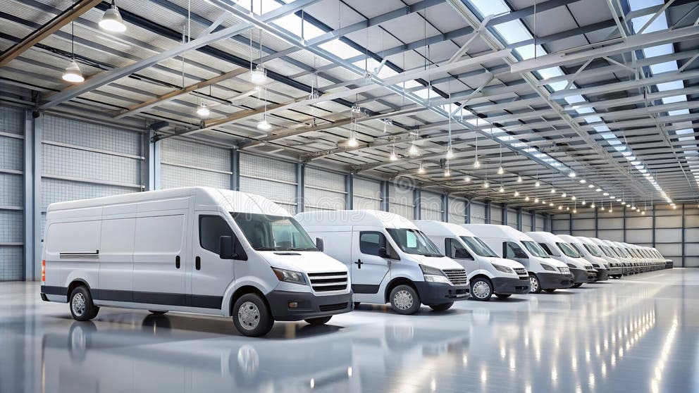 Modern White Delivery Vans Parked in a Spacious Clean Warehouse ...
