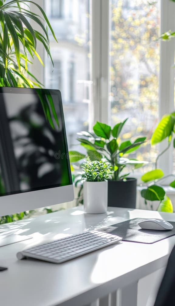 Modern White Desk with Computer and Greenery in Bright Office for Web ...
