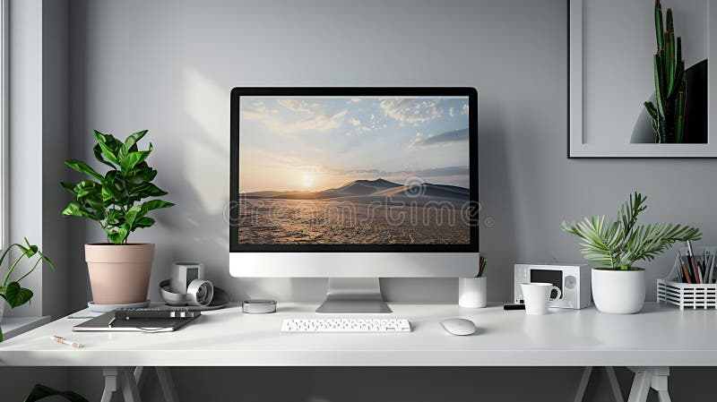 Modern White Desk with Desktop Computer Showing Desert Landscape Stock ...