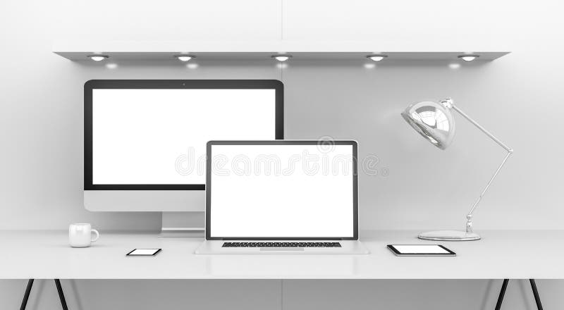 Modern White Desk Interior with Computer and Devices 3D Rendering Stock ...