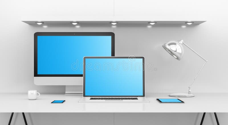 Modern White Desk Interior with Computer and Devices 3D Rendering Stock ...