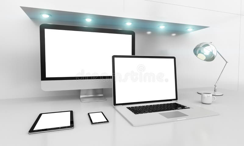 Modern White Desk Interior with Computer and Devices 3D Rendering Stock ...