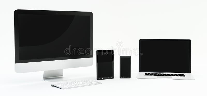 Modern White Desk Interior with Computer and Devices 3D Rendering Stock ...