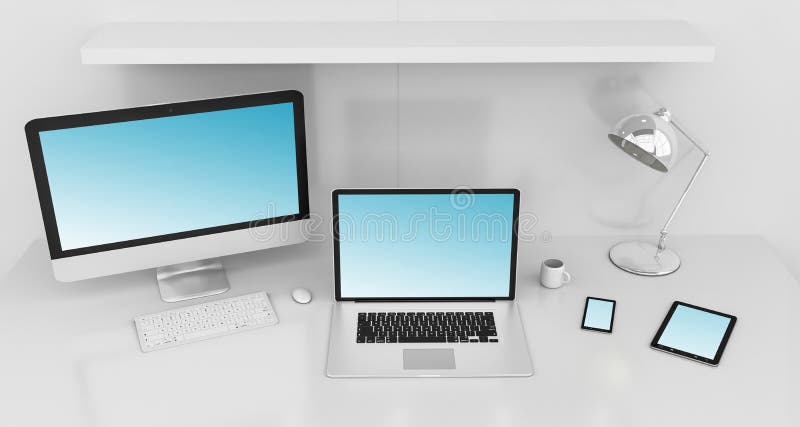 Modern White Desk Interior with Computer and Devices 3D Rendering Stock ...