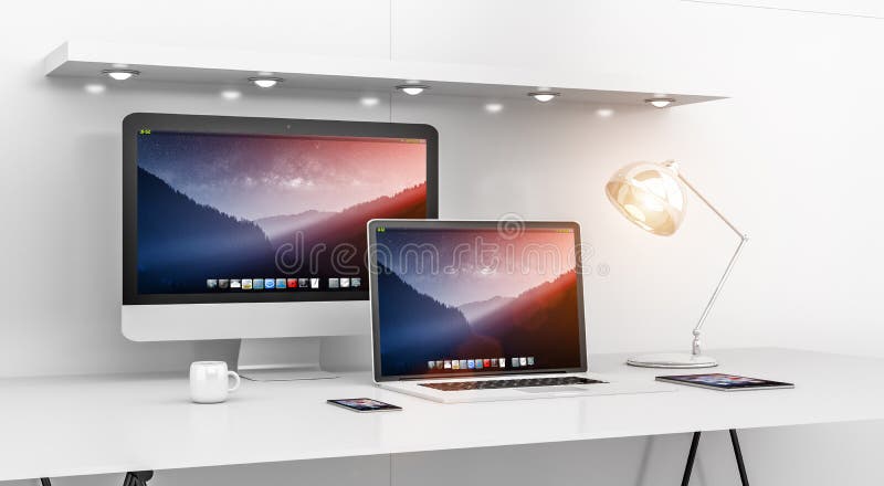 Modern White Desk Interior with Computer and Devices 3D Rendering Stock ...