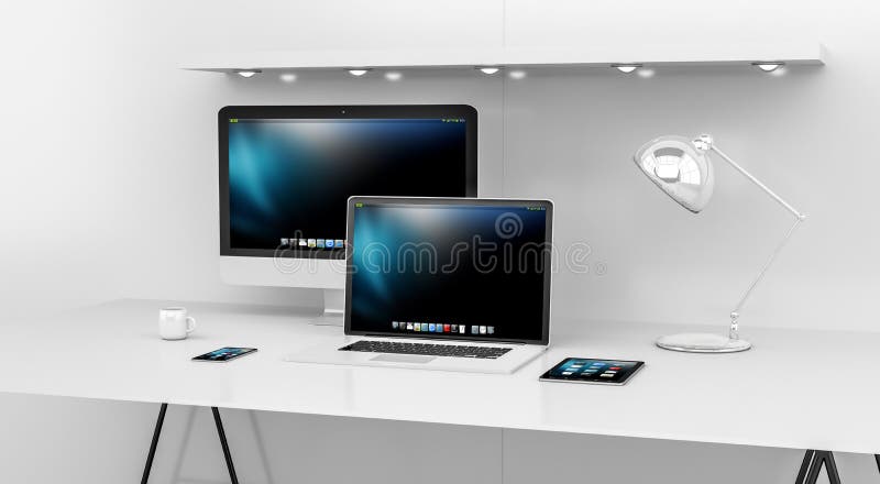 Modern White Desk Interior with Computer and Devices 3D Rendering Stock ...