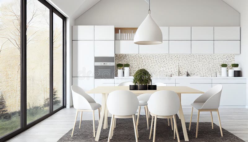 Modern White Dining Room and Kitchen with a Nature View. with Carpet ...