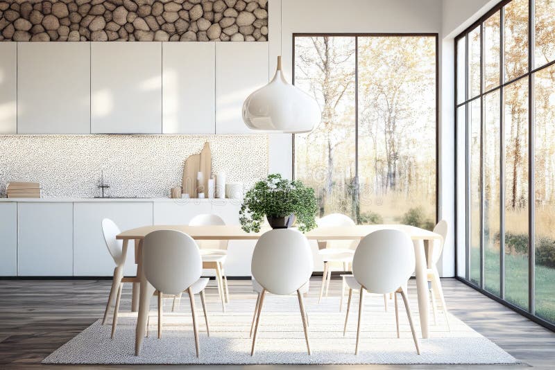 Modern White Dining Room and Kitchen with a Nature View. Generative AI ...