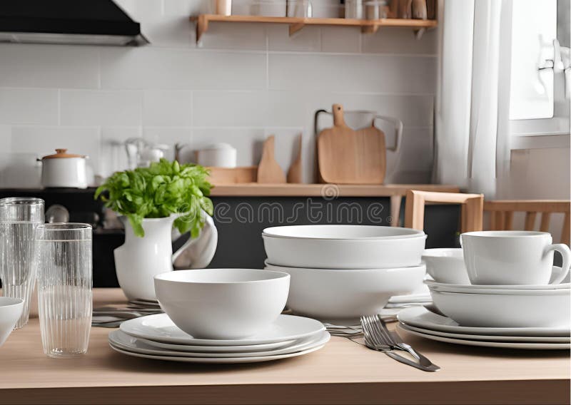 Modern White Dinnerware Set on Kitchen Table Stylish Kitchenware ...