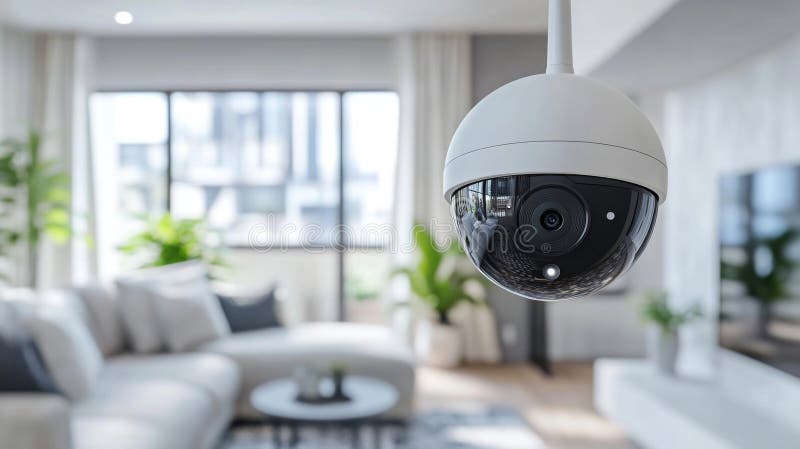 Modern White Dome Security Camera in a Bright Living Room Interior ...