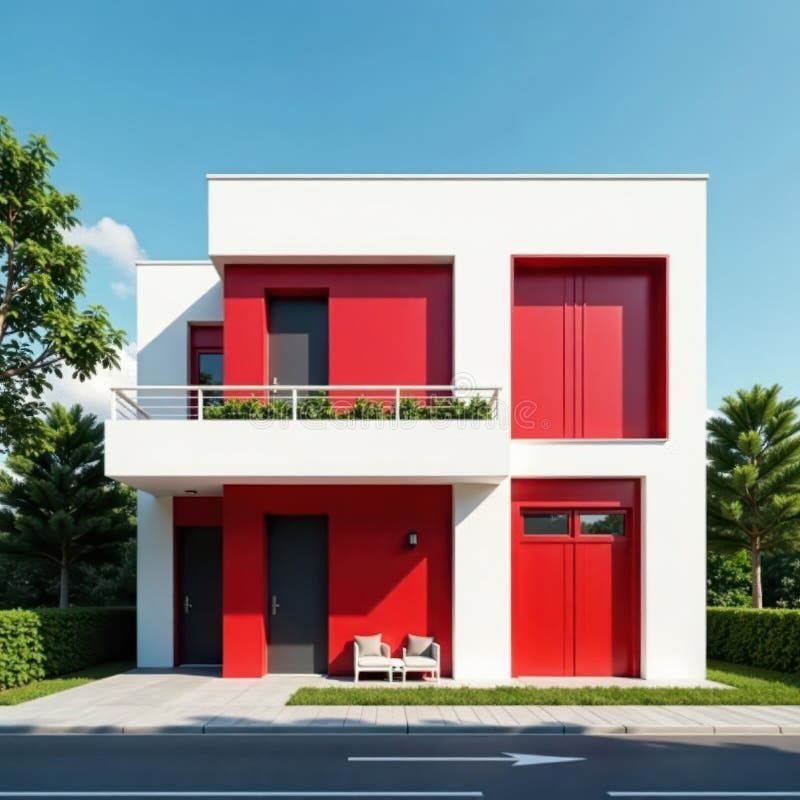 Modern White Double Story Building, Red Window Frames , Double Story ...