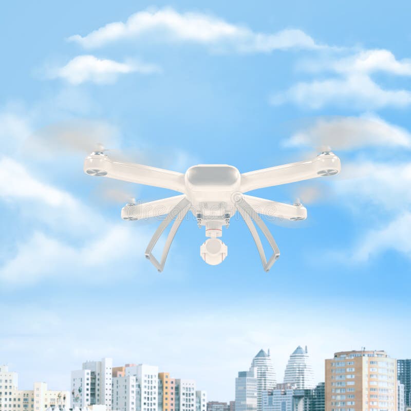 Modern White Drone Hovering in a Bright Blue Sky. 3D Stock Image ...
