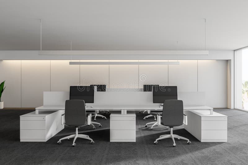 Modern White Empty Office Interior with Work Space Computers and ...
